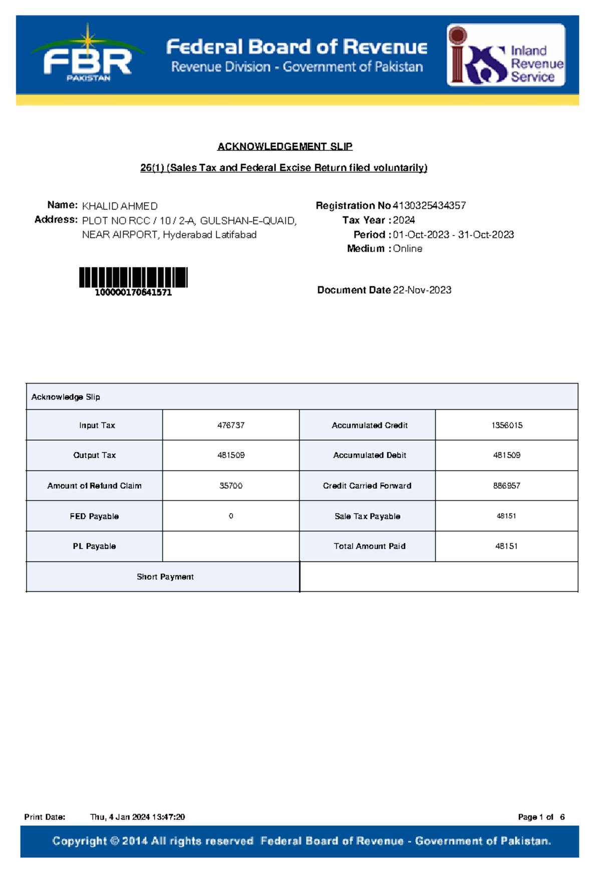 Sales Tax return and analysis - Input Tax Accumulated Credit ...