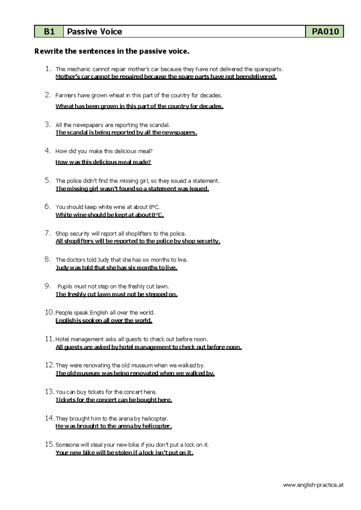 Passive& Modal - english-practice B1 Passive Voice PA Rewrite the ...