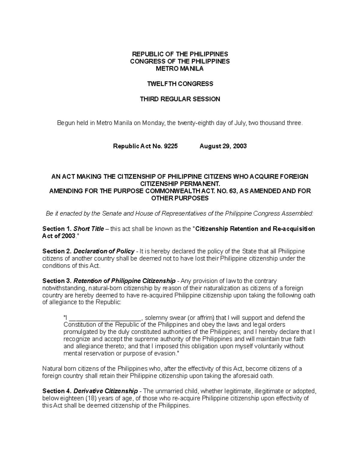 RA No. 9225 - Citizenship Retention and Re-acquisition Act of 2003 ...