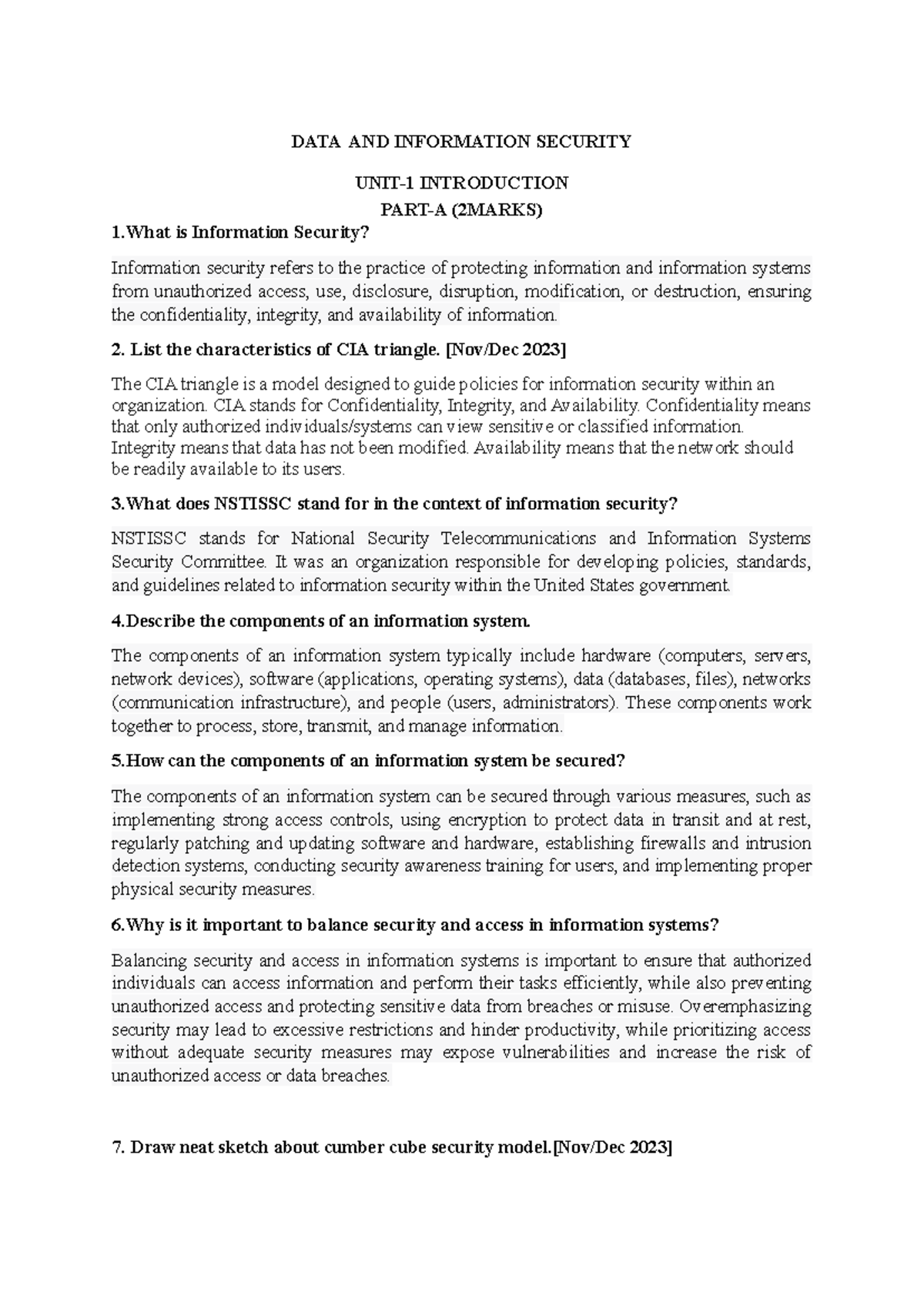 Unit 1 Data And Information Security Data And Information Security Unit 1 Introduction Part A