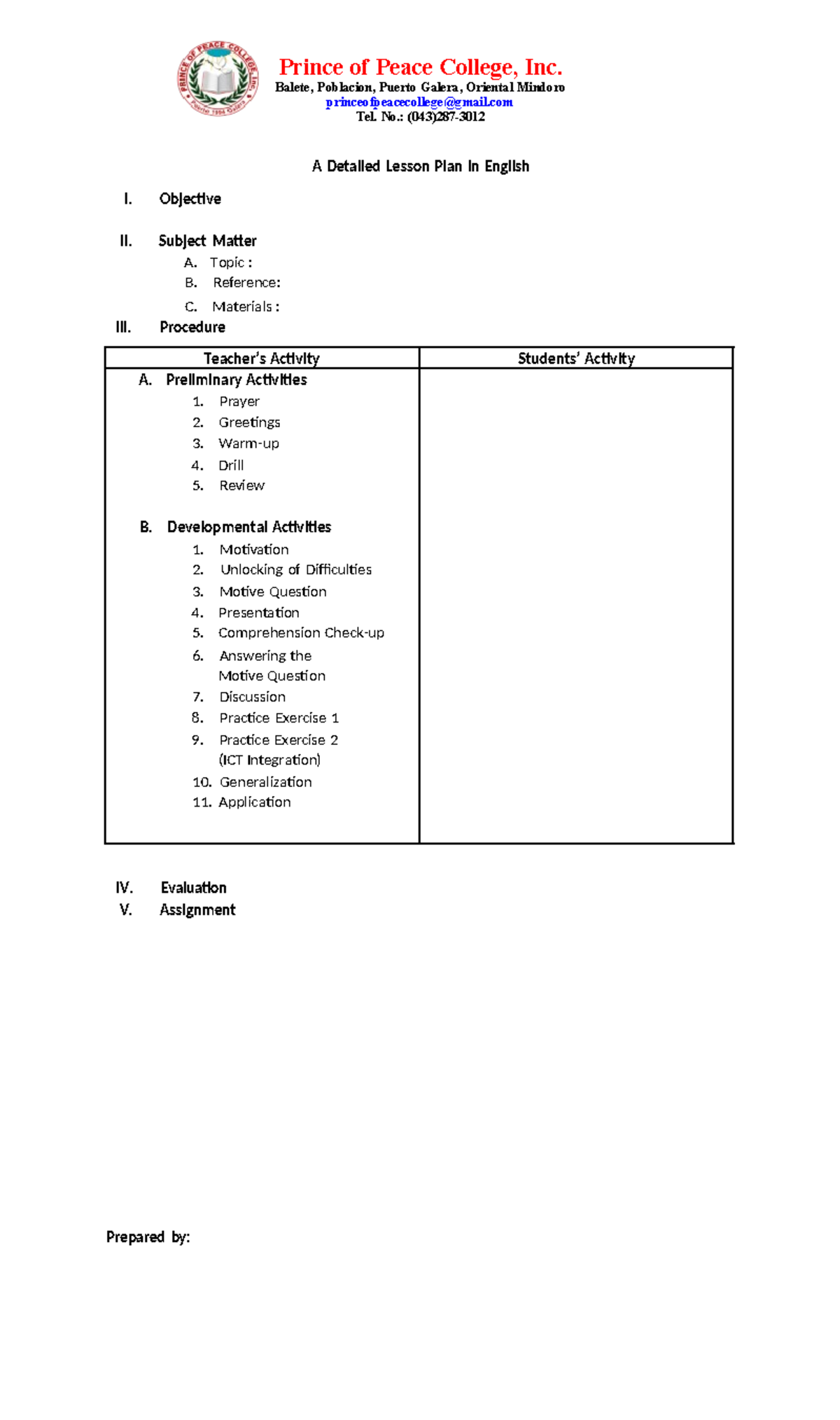 LP Fomat in English Reading - Prince of Peace College, Inc. Balete ...
