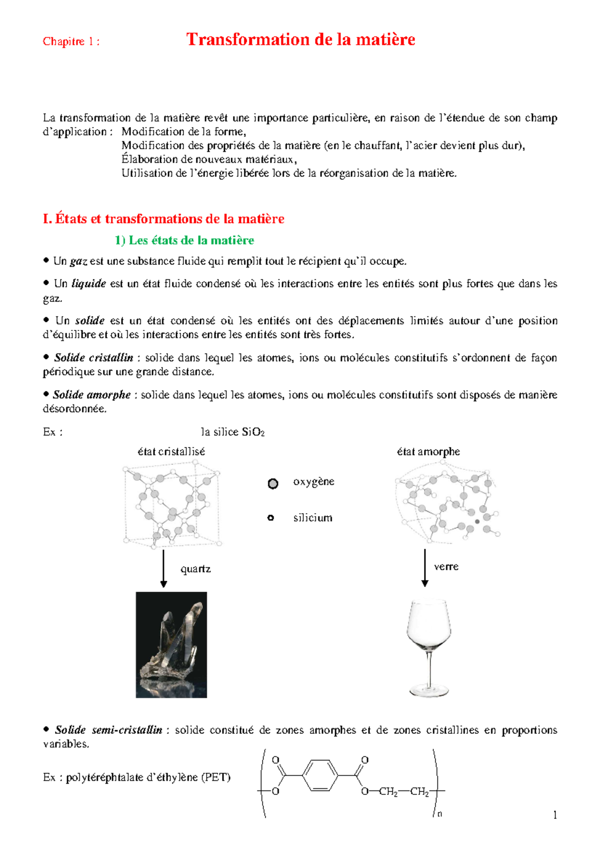 Chapitre 1 - Cours concernant la transformation de la matière ...