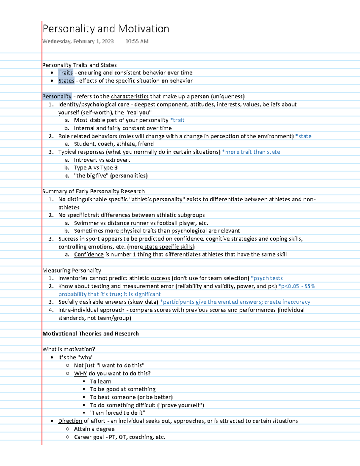 Personality and Motivation Notes - Personality Traits and States ...