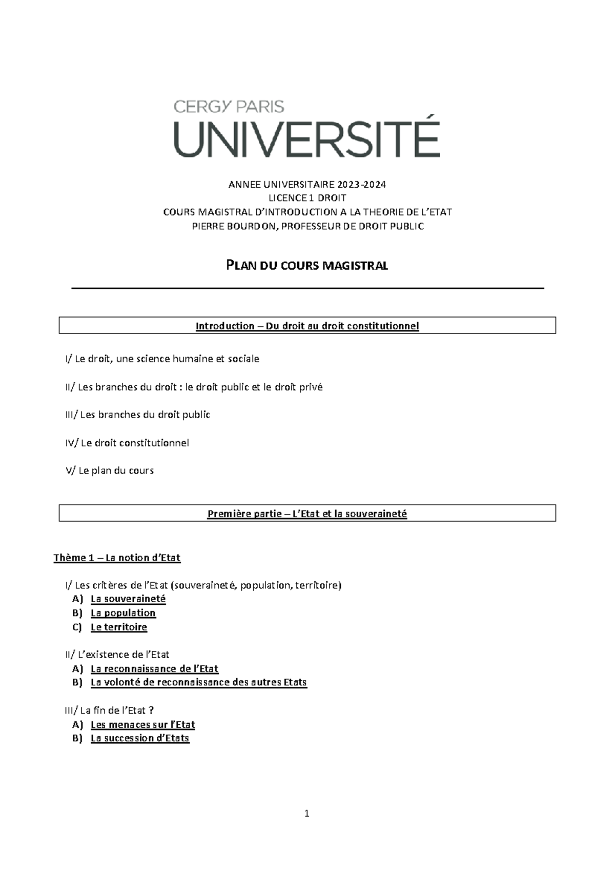 Plan cours - plan - ANNEE UNIVERSITAIRE 2023- COURS MAGISTRAL D’INTRODUCTION A LALICENCE 1 DROIT ...