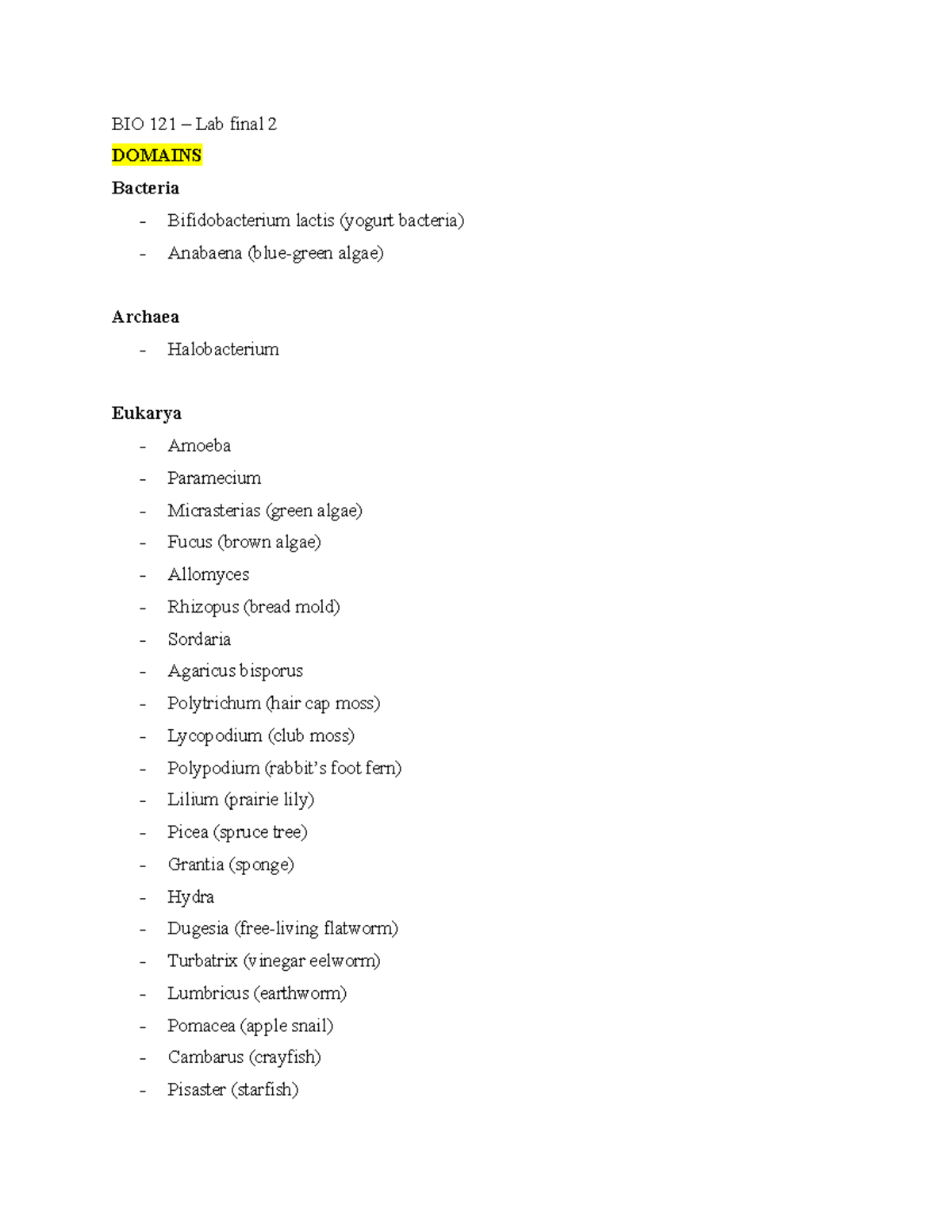 Lab final bio 121 - BIO 121 – Lab final 2 DOMAINS Bacteria ...