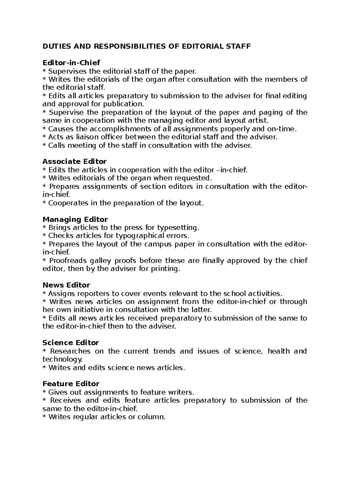 Editorial Staff Duties AND Topics - DUTIES AND RESPONSIBILITIES OF ...