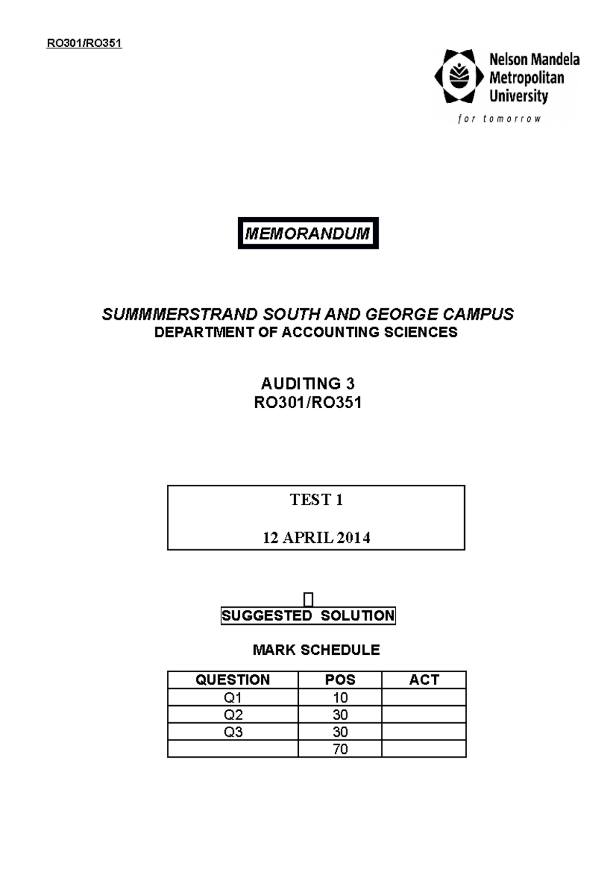 2014 RO301 Test 1 Solutions - MEMORANDUM SUMMMERSTRAND SOUTH AND GEORGE ...