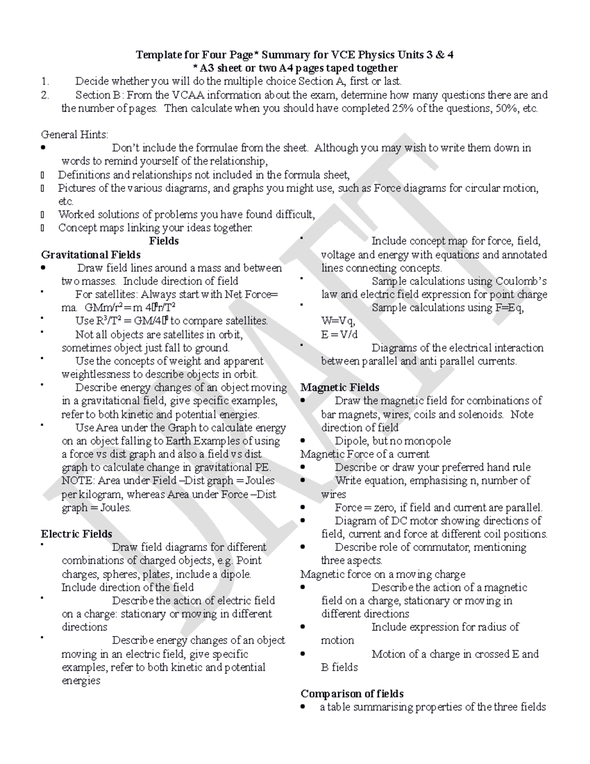 Template Four Page Summary - Template for Four Page* Summary for VCE Physics Units 3 & 4 * A3 ...
