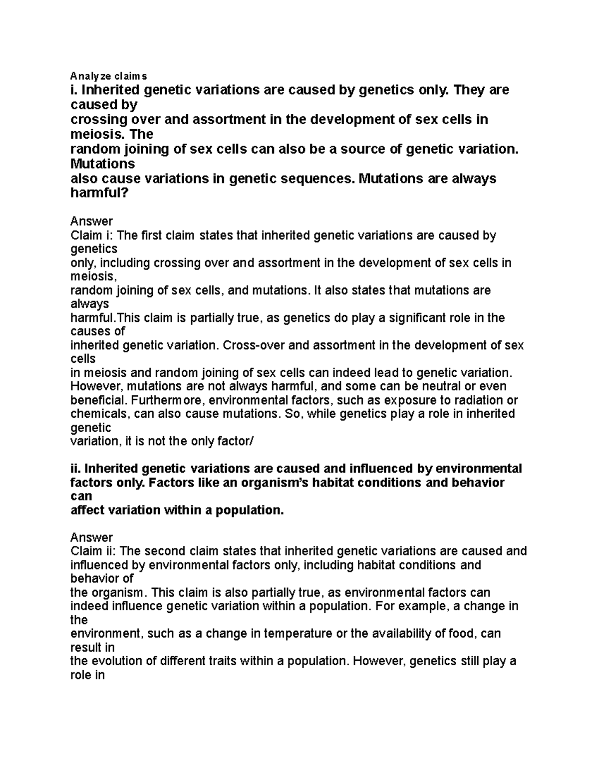 Analyzing Genetic Variation - Analyze claims i. Inherited genetic ...