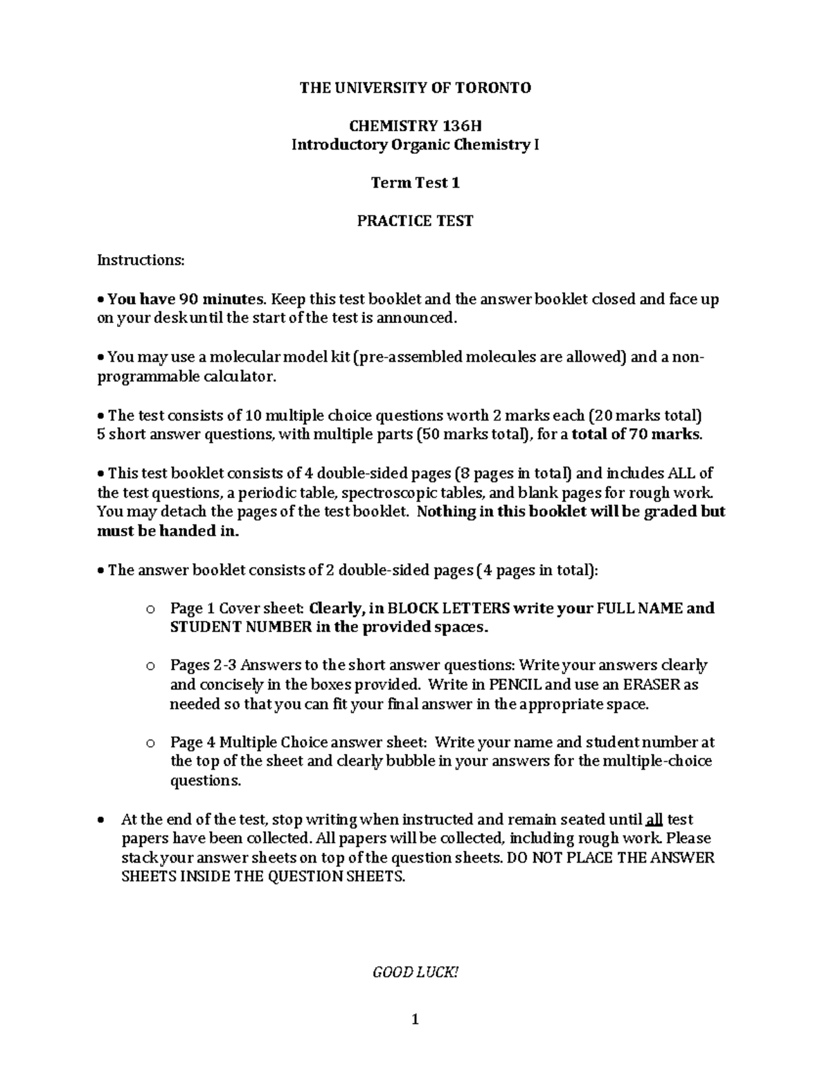 CHM136 H TT1 Practice TEST - THE UNIVERSITY OF TORONTO CHEMISTRY 136H ...