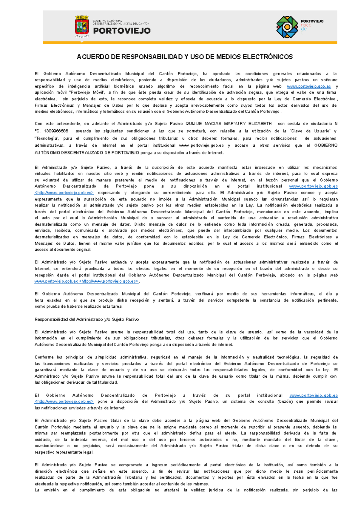 Acuerdo DE Responsabilidad Y USOS DE Medios Electronicos Firmado - El ...