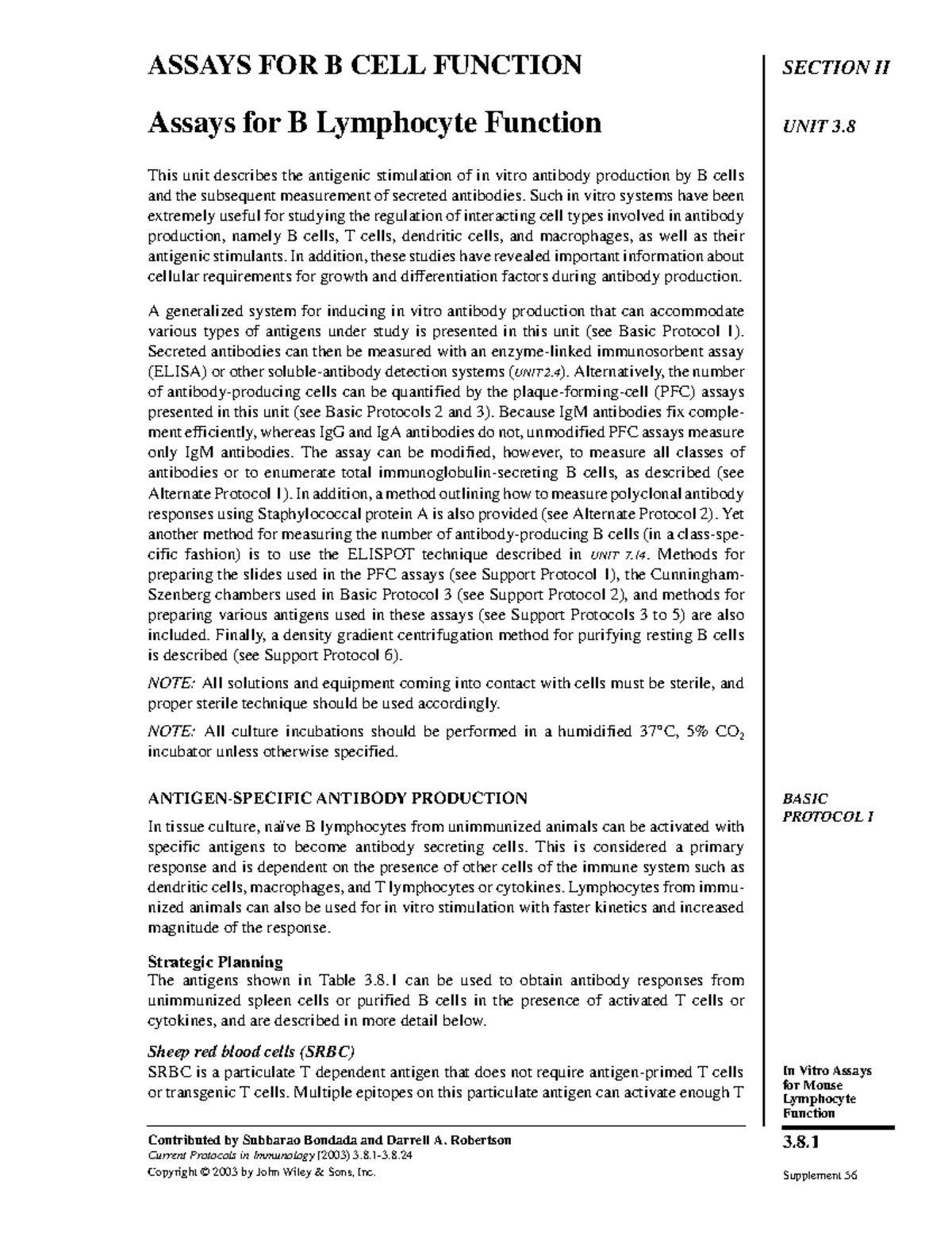Assays for B Lymphocyte Function. Current Protocols in Immunology ...