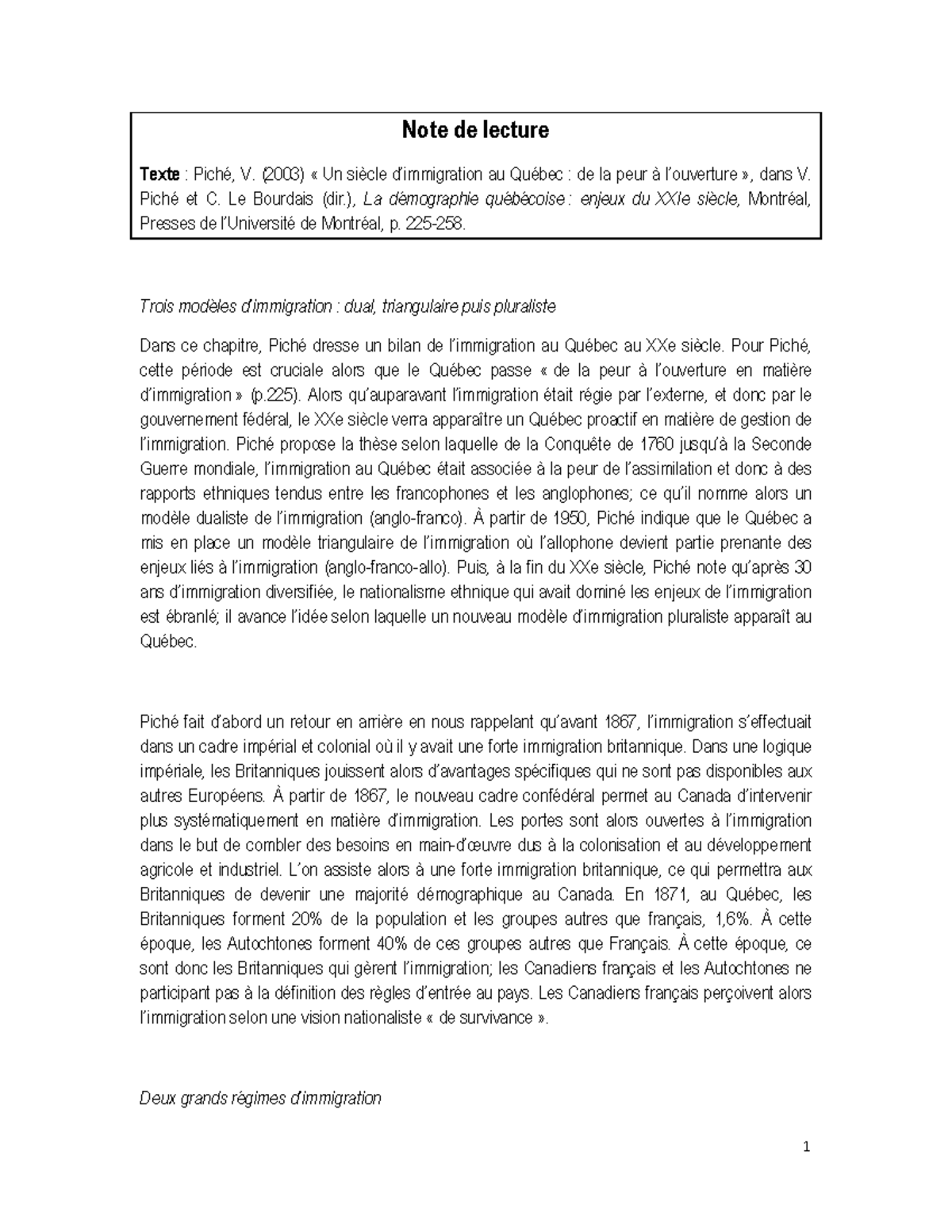 Lecture fiche Histoire Immigration 1 - - Studocu