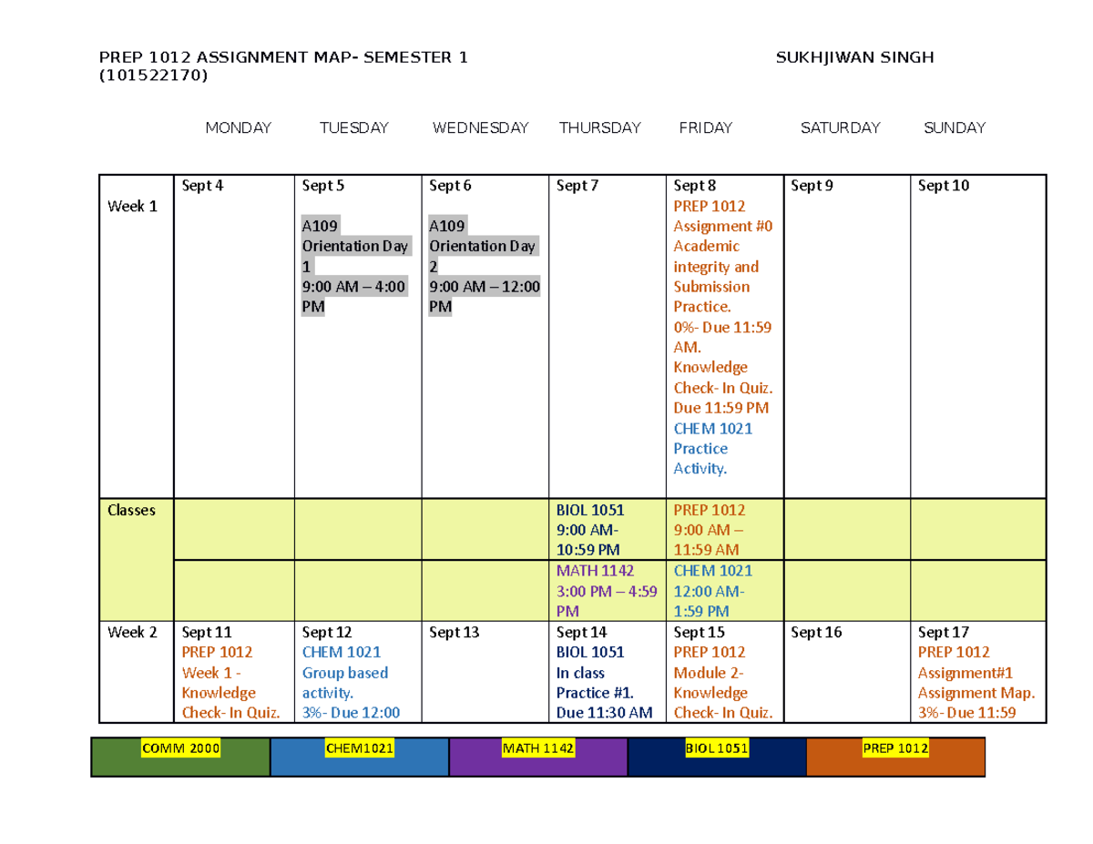 PREP 1012 Assignment Schedule - Studocu