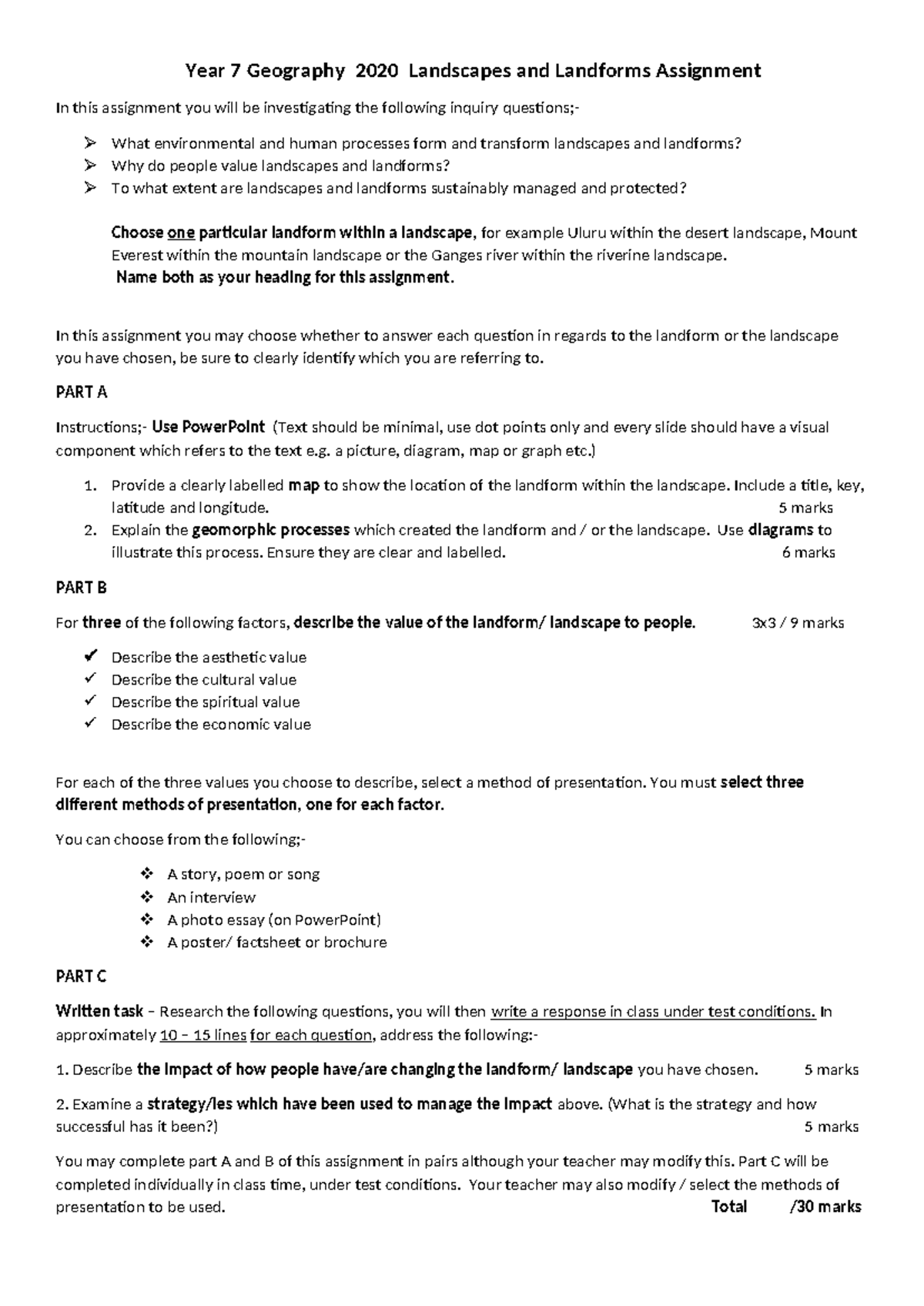 YR7 Geog Landforms Assign 2020 - Year 7 Geography 2020 Landscapes and ...