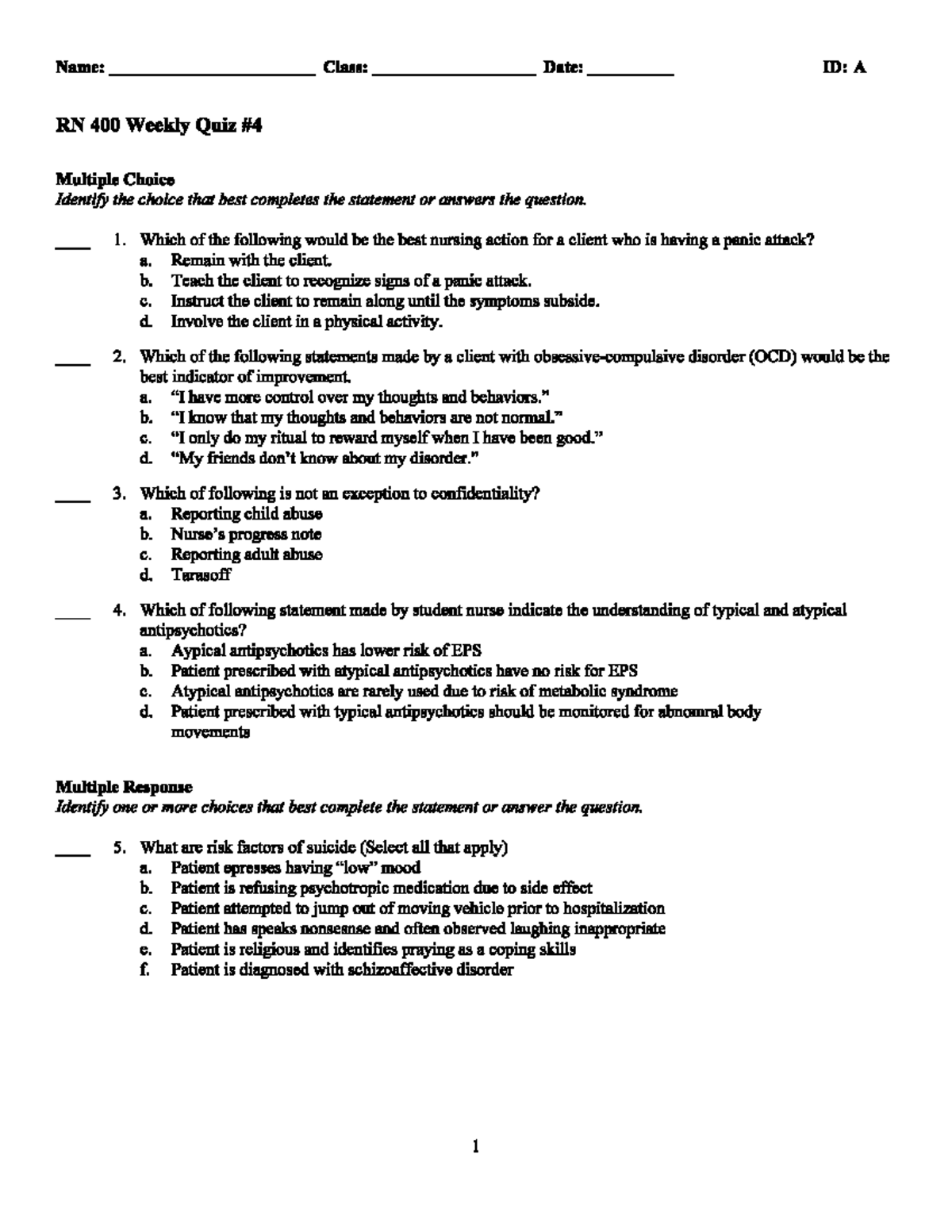 RN 400 Weekly Quiz #4 - Questions - N550 - Studocu