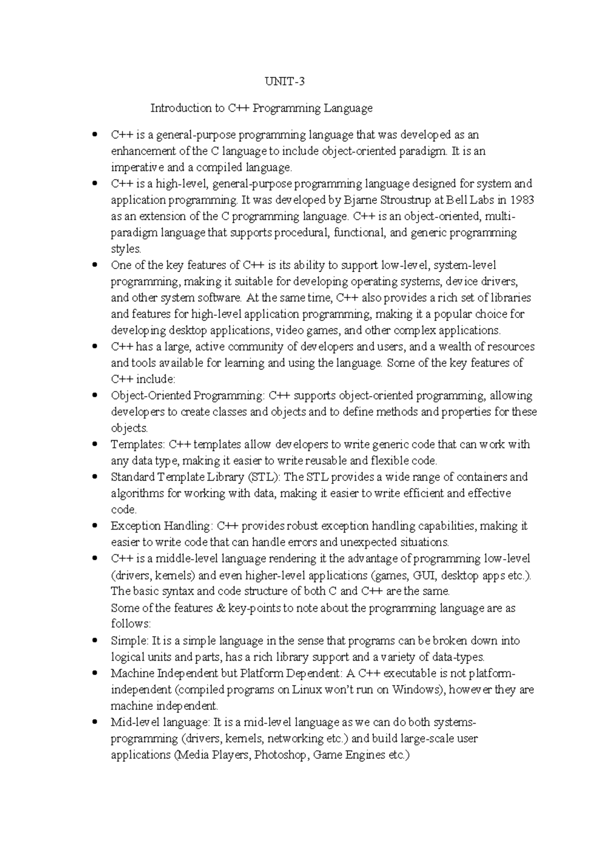 object oriented analysis and design - UNIT- Introduction to C++ ...