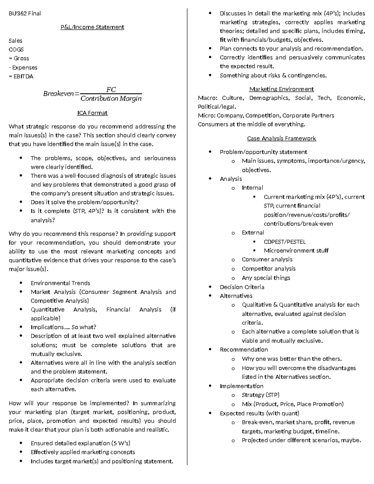 Cheat Sheet - BU362 Final P&L/Income Statement Sales COGS = Gross ...
