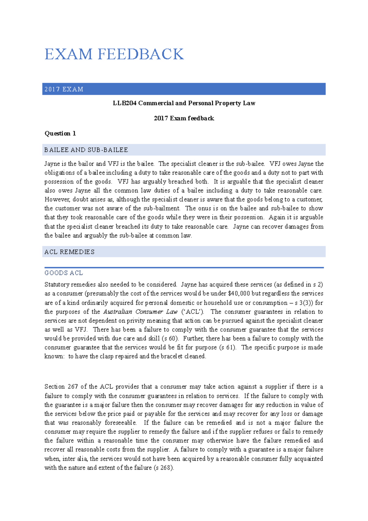 Exam Feedback - EXAM FEEDBACK 2017 EXAM LLB204 Commercial and Personal ...