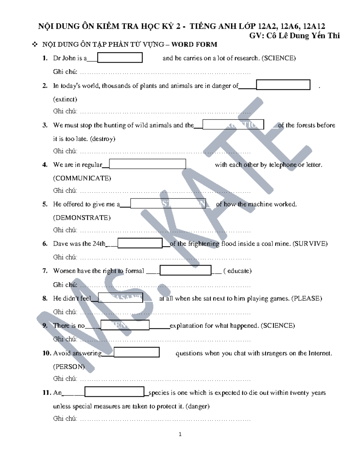 2022 ÔN TẬP HK2 WORD FORM ĐỤC LỖ - HS - GV: Cô Lê Dung Yến Thi NỘI DUNG ...