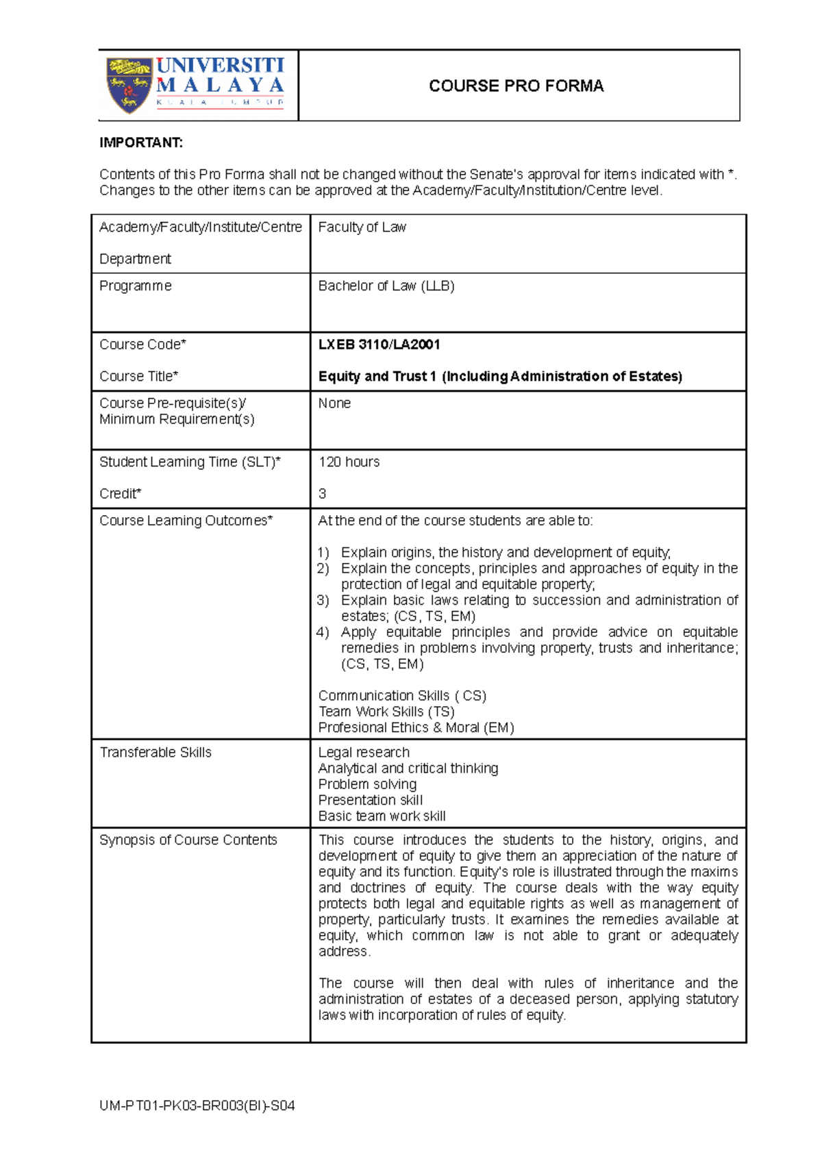 Course Proforma - Equity and Trust I - Studocu
