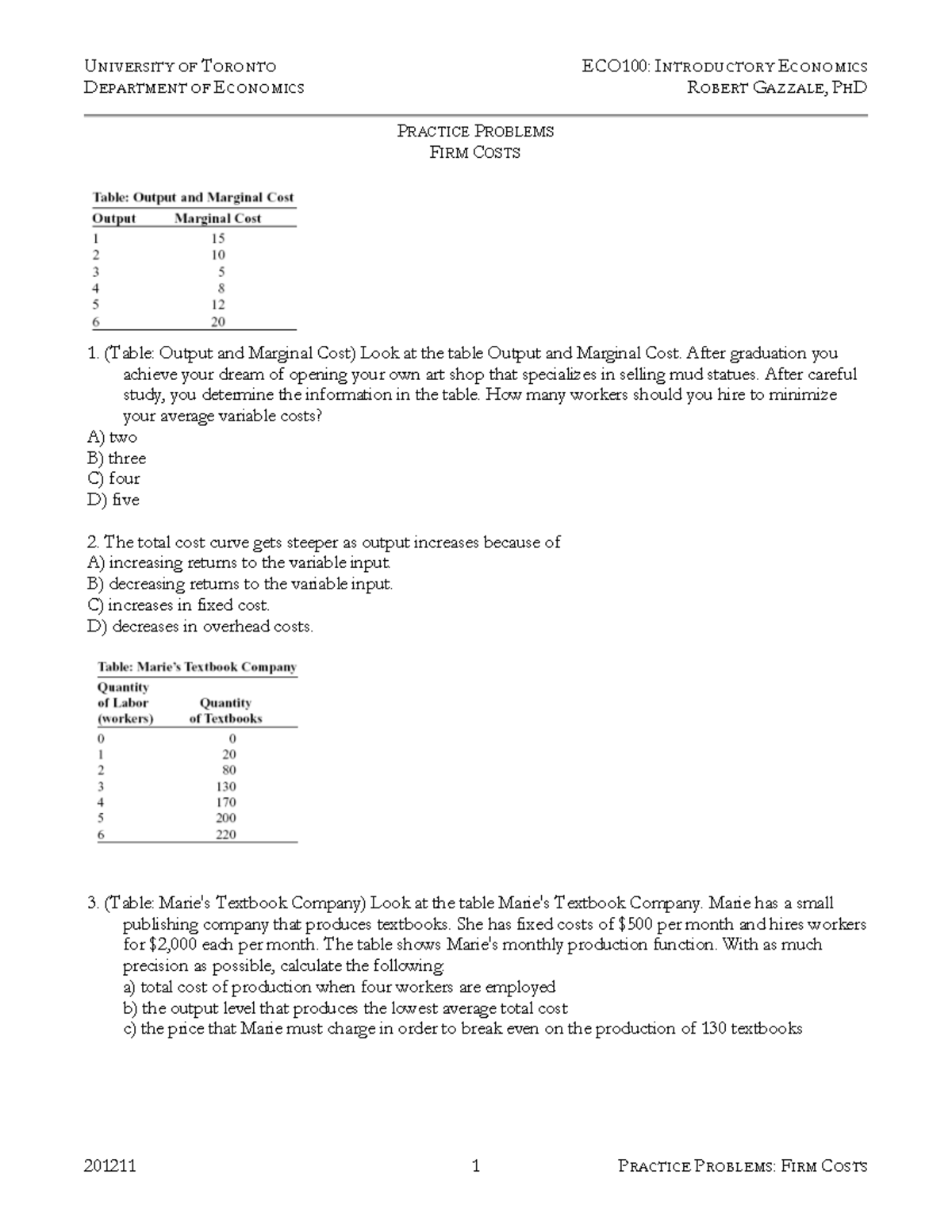 ECO101 - Production Costs Practice Problems (MCQ) - DEPARTMENT OF ...