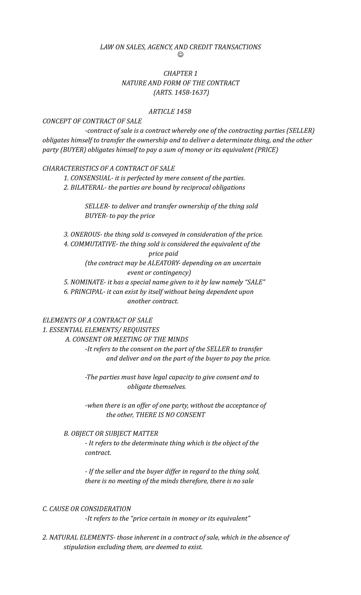 LAW ON Sales - LAW ON SALES, AGENCY, AND CREDIT TRANSACTIONS CHAPTER 1 ...