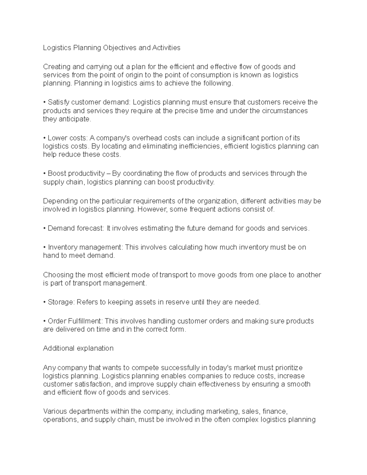 Logistics Planning Objectives and Activities - Planning in logistics ...