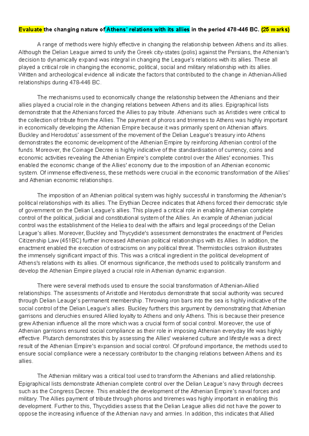 Evaluate the changing nature of Athens’ relations with its allies in ...