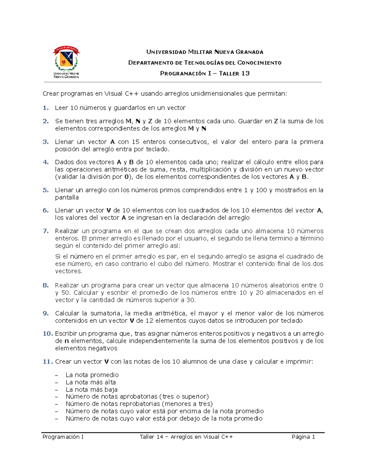Taller 13 Arreglos en Visual C++ - UNIVERSIDAD MILITAR NUEVA GRANADA ...