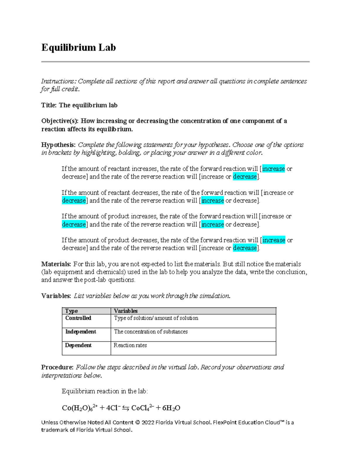 Lab report - Good answers - Equilibrium Lab Instructions: Complete all ...