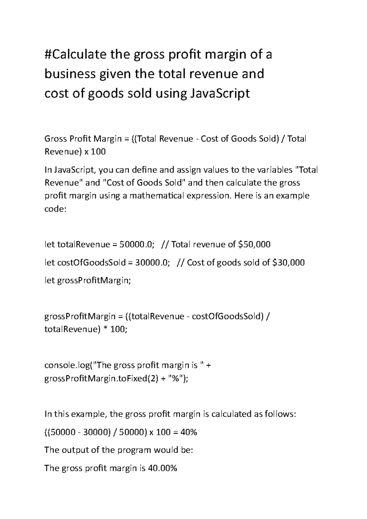 The total revenue and cost- javascript - #Calculate the gross profit ...