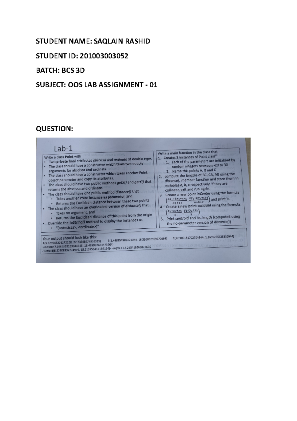 3052 lab1 - OOS LAB - STUDENT NAME: SAQLAIN RASHID STUDENT ID: 201003003052 BATCH: BCS 3D ...