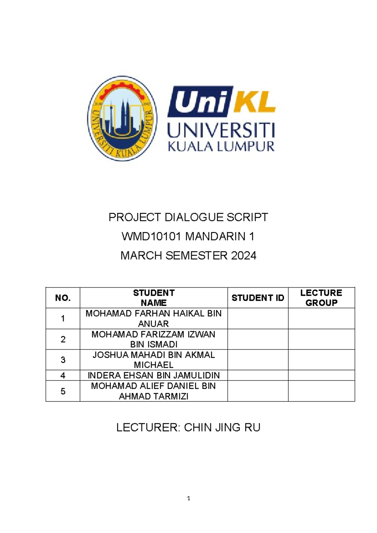 New Project Dialogue Script Template (5 person) - PROJECT DIALOGUE SCRIPT WMD10101 MANDARIN 1 ...