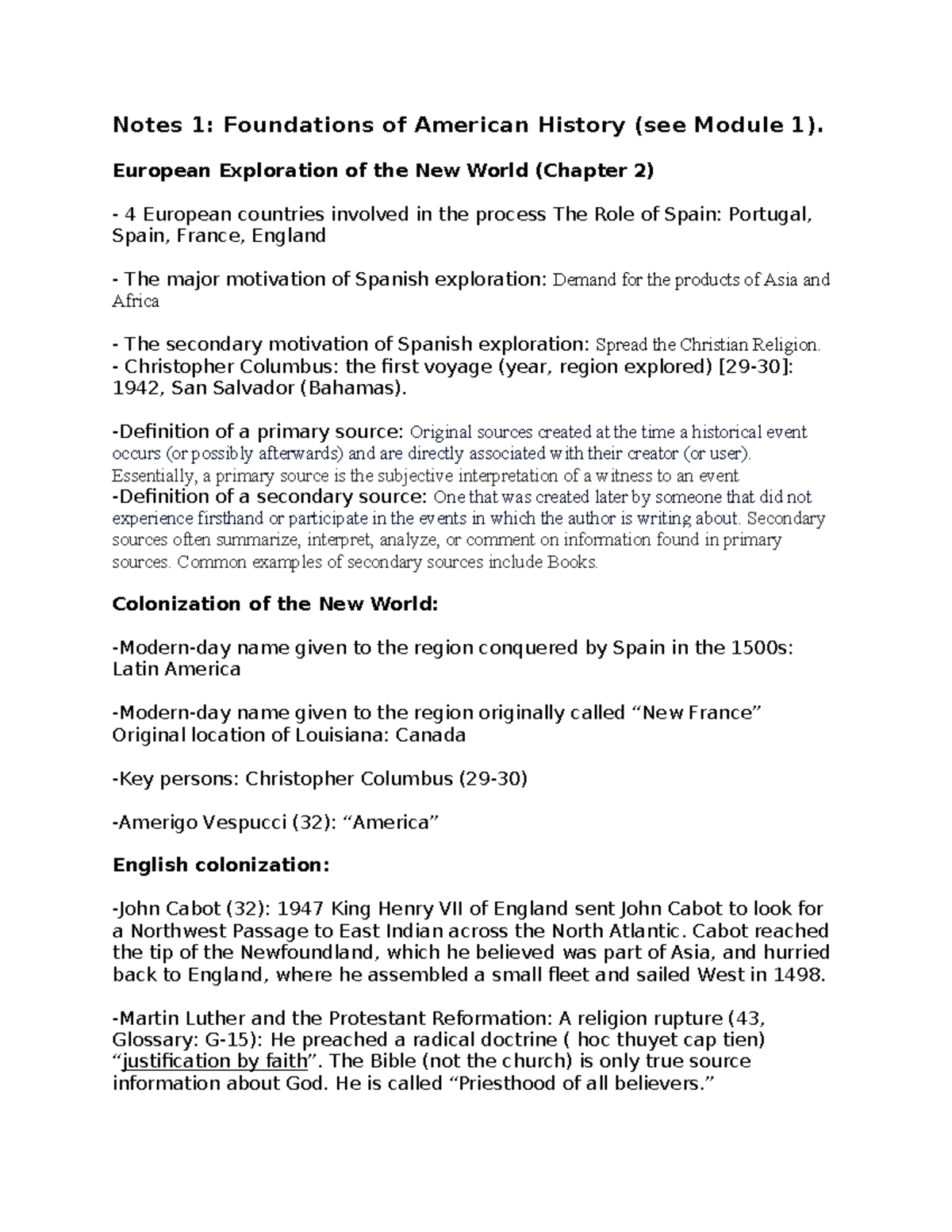 Test 1 guide - Notes 1: Foundations of American History (see Module 1 ...