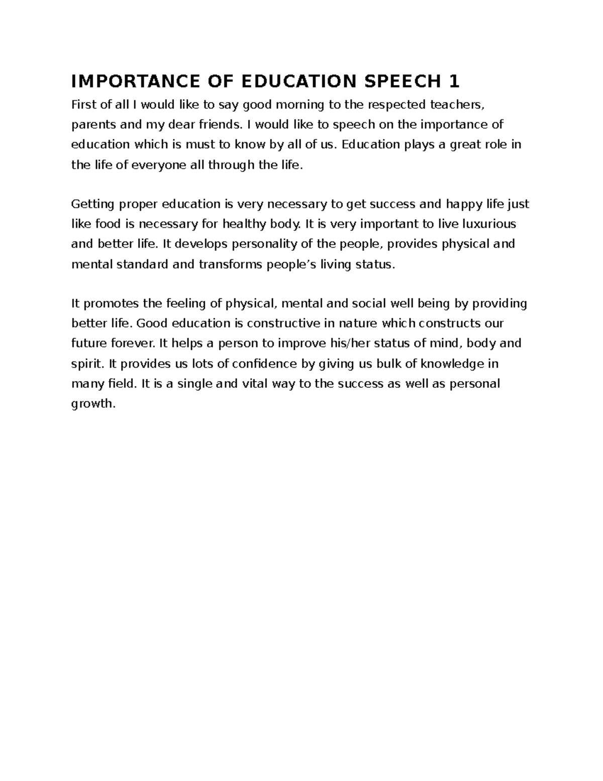 Importance OF Education Speech 2 IMPORTANCE OF EDUCATION SPEECH 1