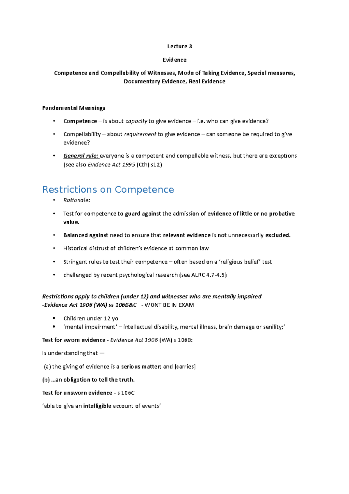Evidence week 3 -Competence and Compellability of Witnesses - Lecture 3 ...