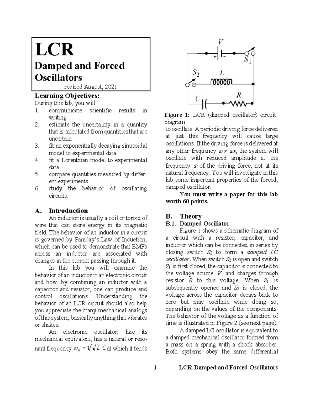 Physics 122 Lab on Damped and forced oscillators - LCR Damped and Forced Oscillators revised ...