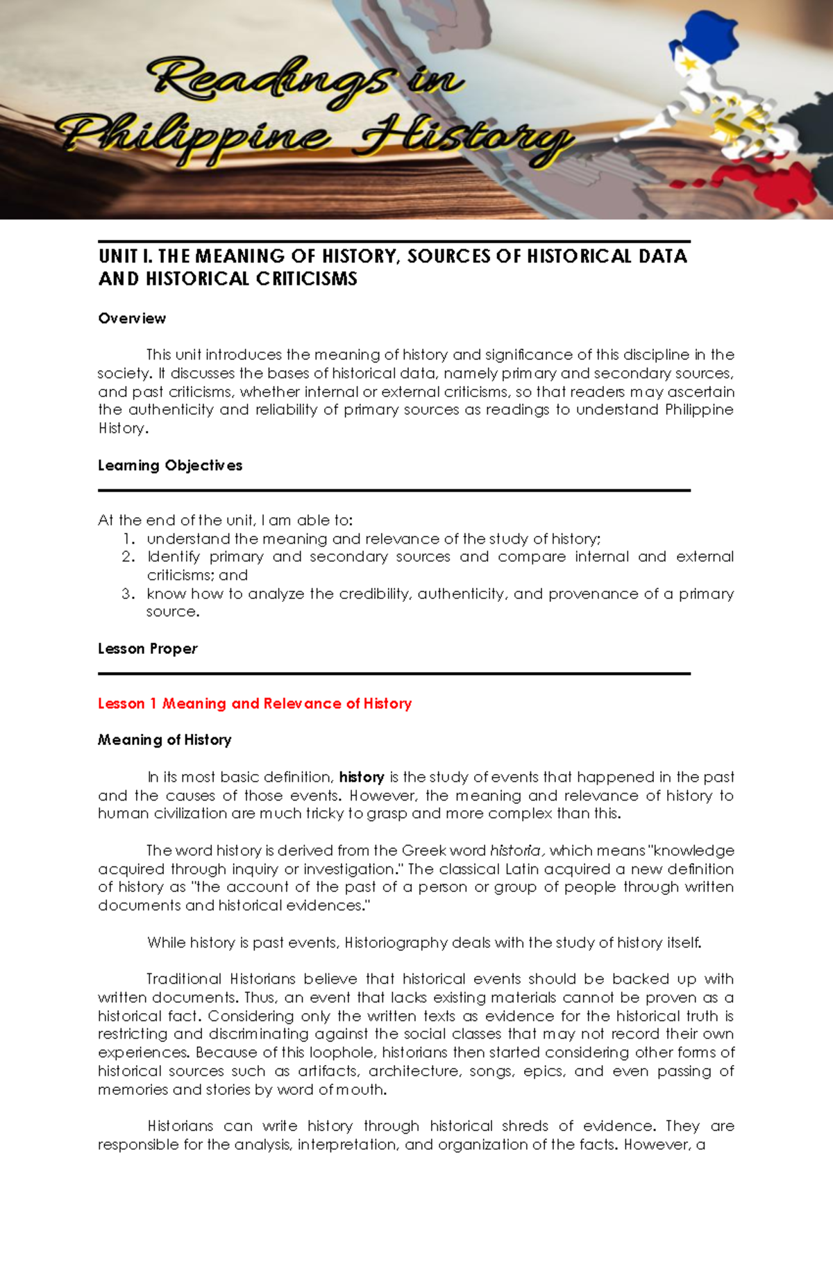 RPH-Unit-I - LITERATURE - UNIT I. THE MEANING OF HISTORY, SOURCES OF ...