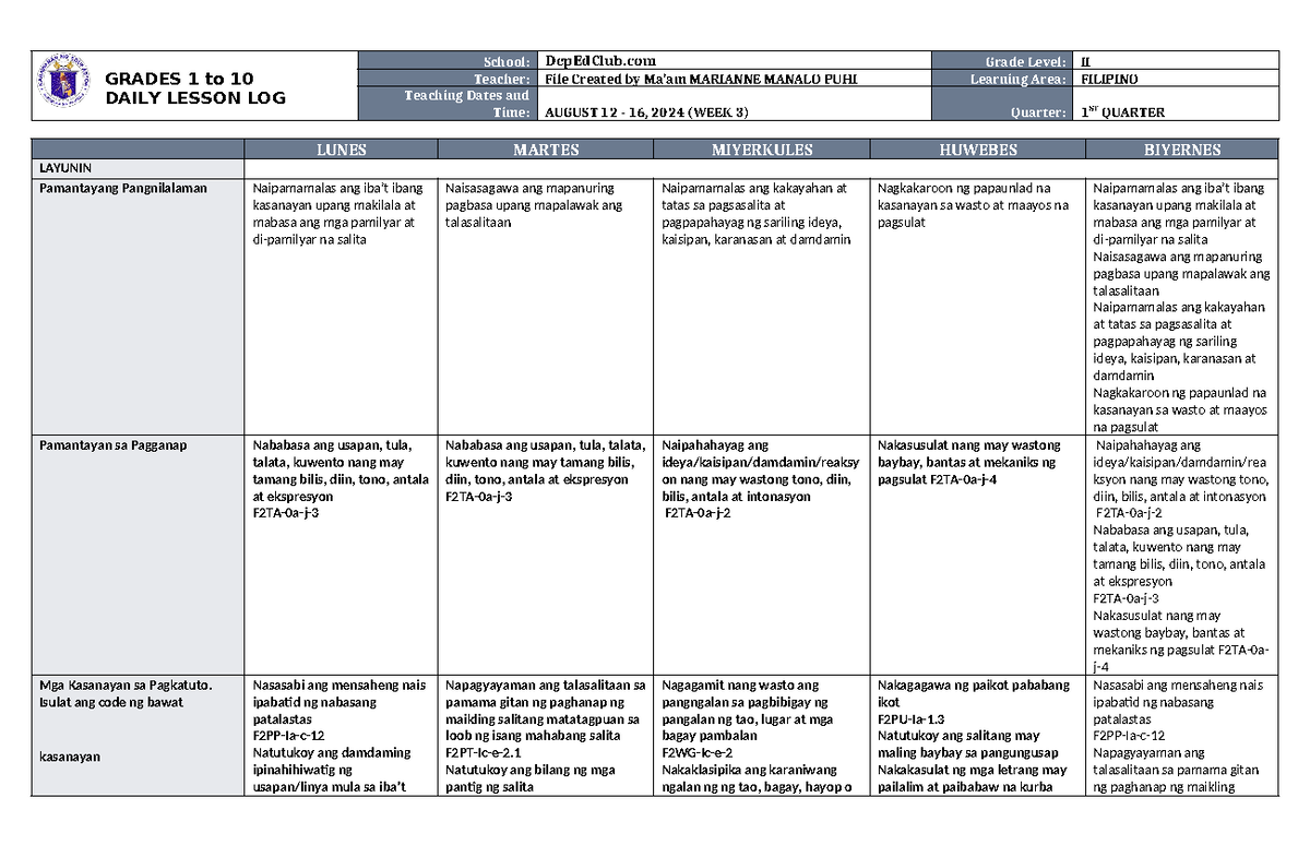 DLL Filipino 2 Q1 W3 - notes - GRADES 1 to 10 DAILY LESSON LOG School ...