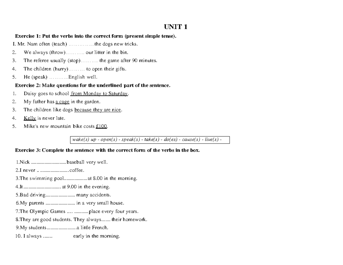 BAI TAP LOP 10 CO BAN DEN NANG CAO THEO TUNG UNIT - UNIT 1 Exercise 1: Put the verbs into the ...
