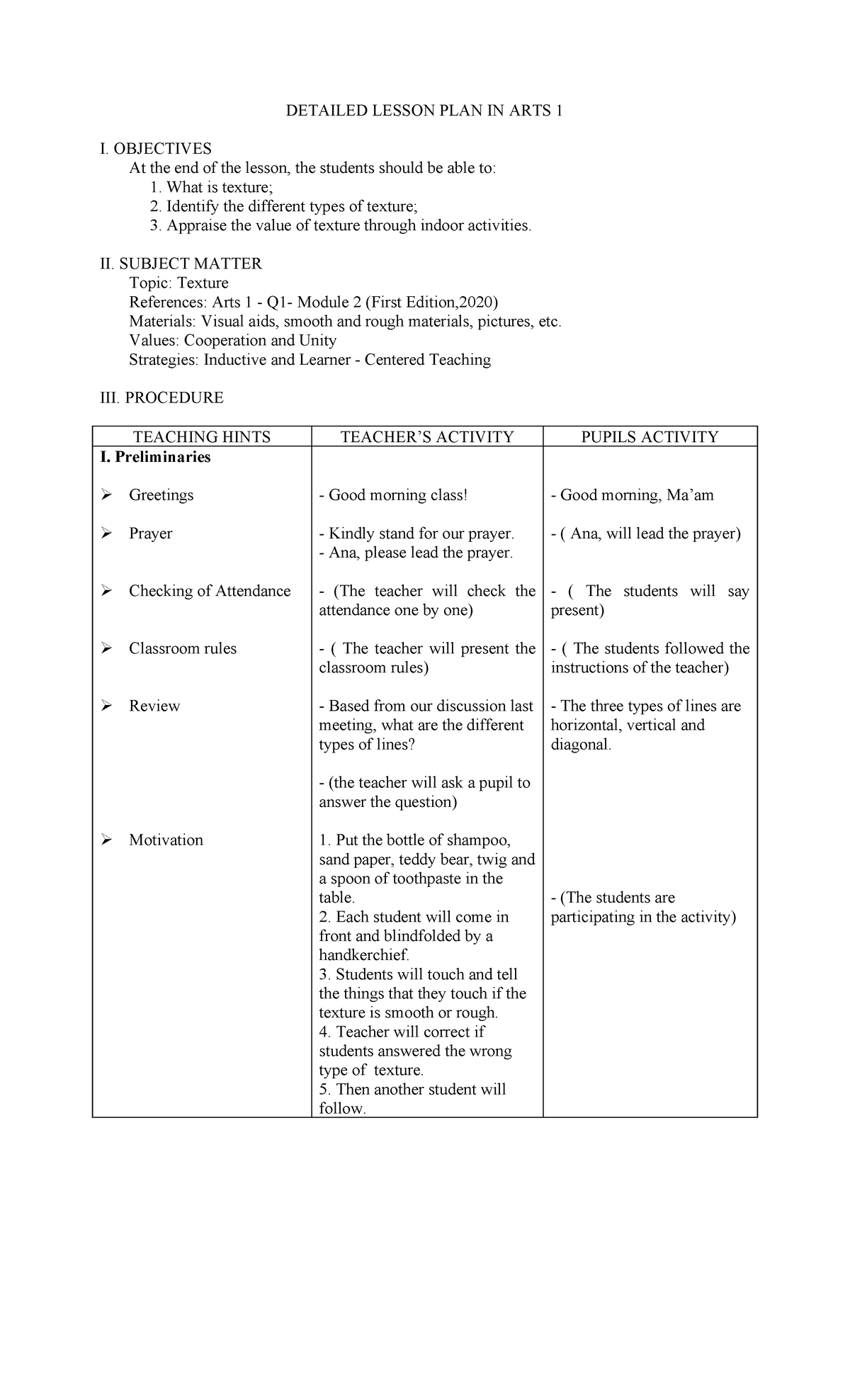 Detailed Lesson PLAN IN ARTS 1 - DETAILED LESSON PLAN IN ARTS 1 I ...