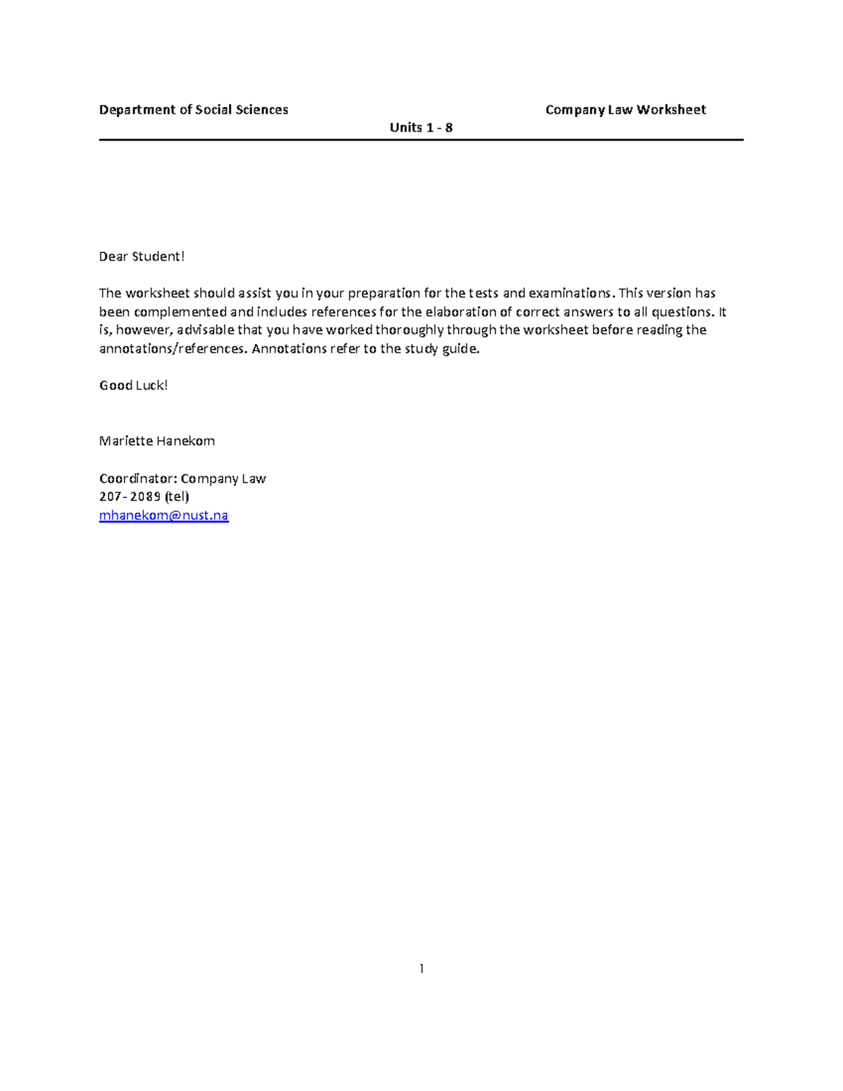 Worksheet Units 1 - 8 - Units 1 - 8 Dear Student! The worksheet should ...