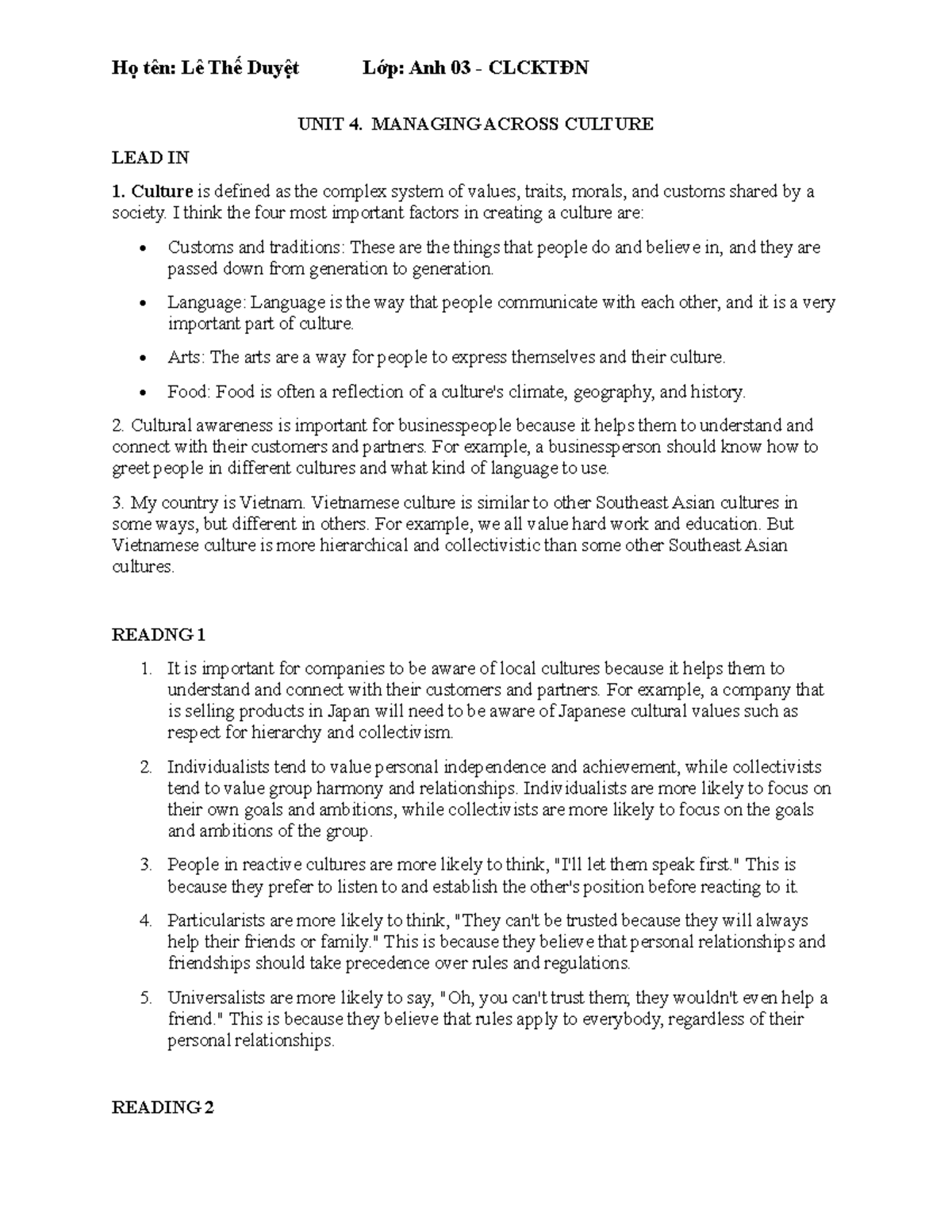 UNIT 4 - unit 4 homework - UNIT 4. MANAGING ACROSS CULTURE LEAD IN ...