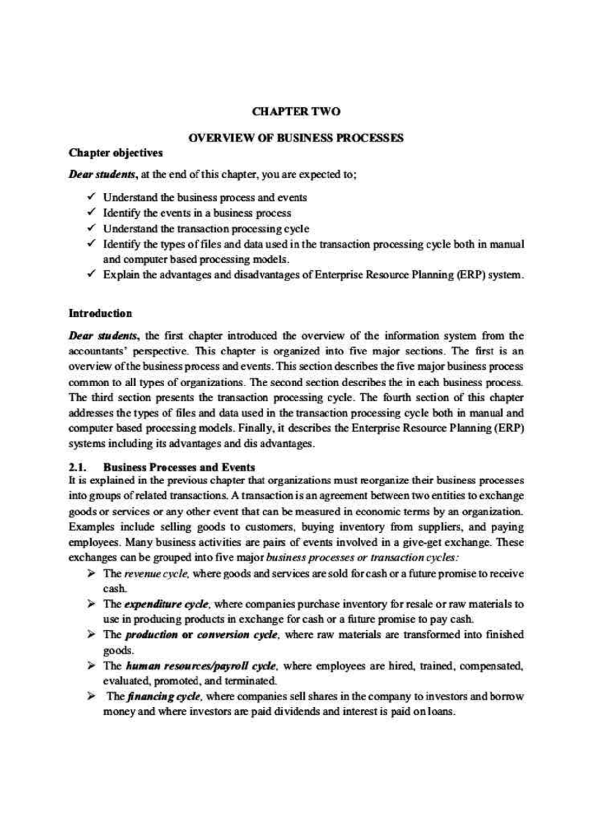 AIS-Chapter-2 - asdas - CHAPTER TWO OVERVIEW OF BUSINESS PROCESSES ...