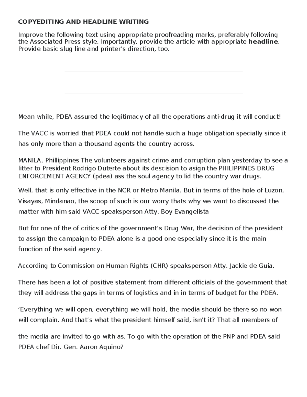 Copyreading ENG-FIL enderes - COPYEDITING AND HEADLINE WRITING Improve ...