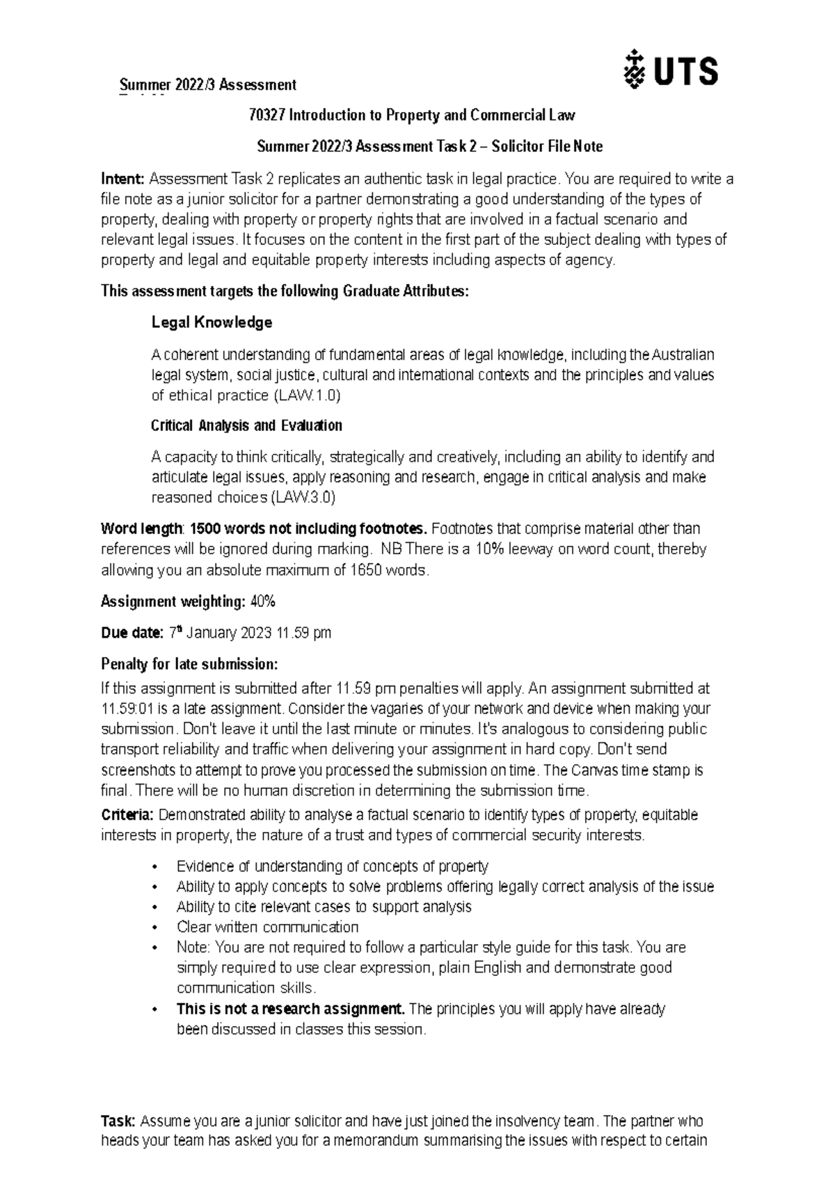 70327-summer 2022-File note assignment - 70327 Introduction to Property ...