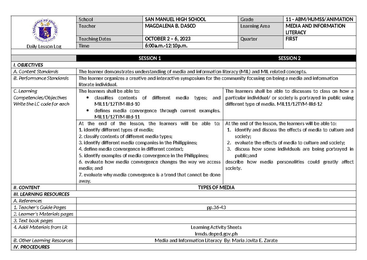 Q1-W5-MIL - mil - School SAN MANUEL HIGH SCHOOL Grade 11 - ABM/HUMSS ...