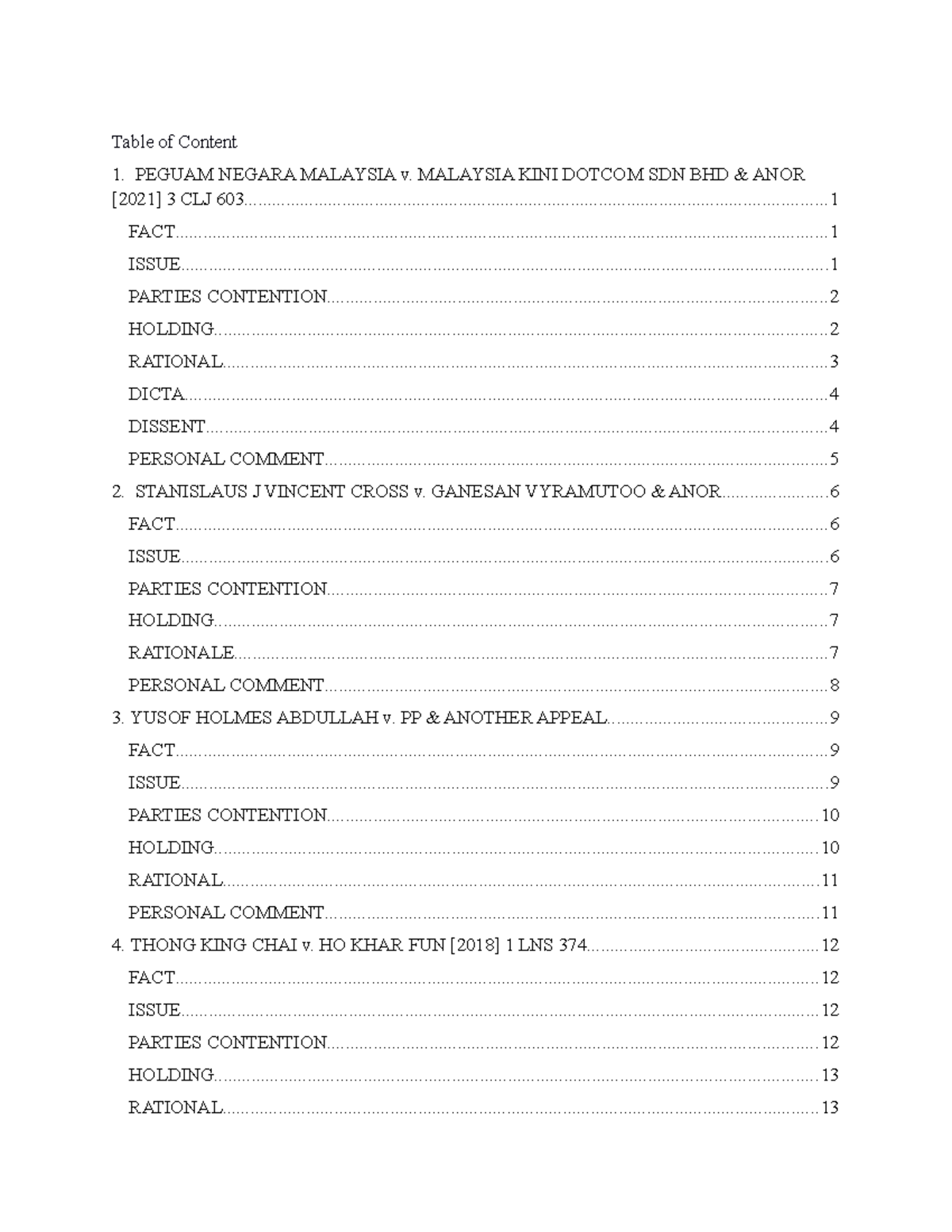 Cases Review EVIDENCE II - Table of Content [2021] 3 CLJ - StuDocu