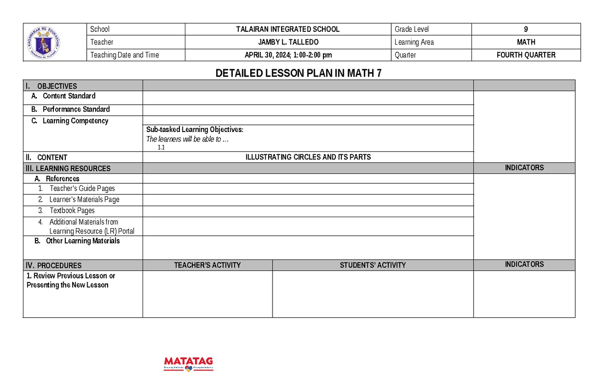 DLP-Blank - dlp-format - School TALAIRAN INTEGRATED SCHOOL Grade Level ...